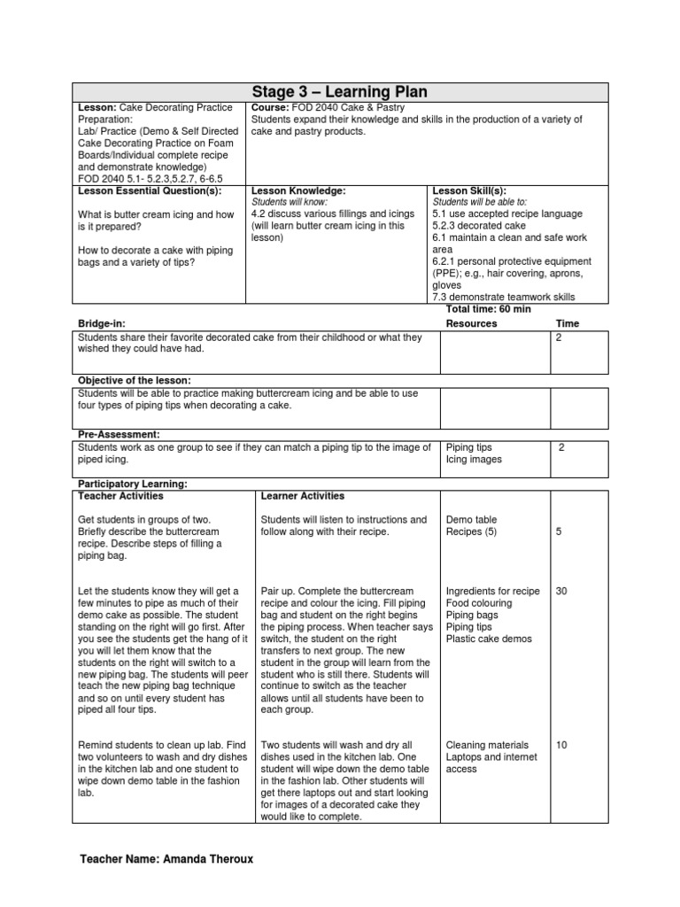 Lessonplan Cakedecorating | PDF | Cakes | Cooking