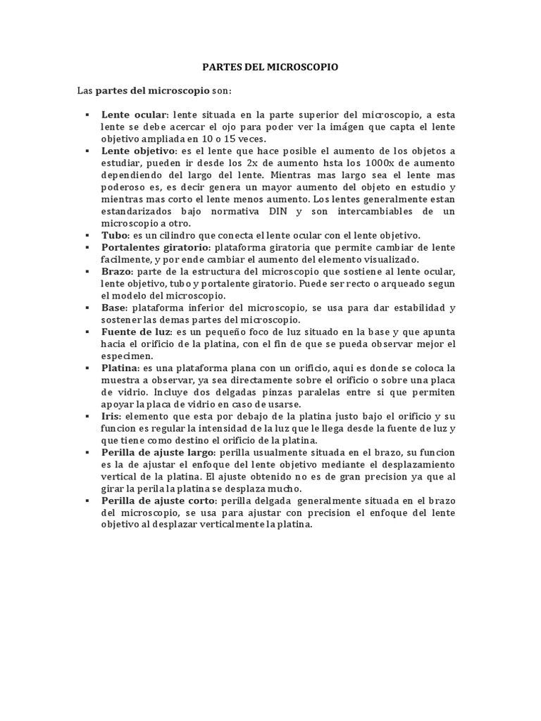 Hoja De Trabajo Sobre Las Partes Del Microscopio