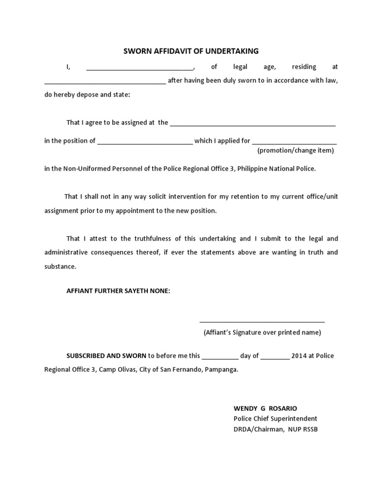 Affidavit of Undertaking for in-service Applicants