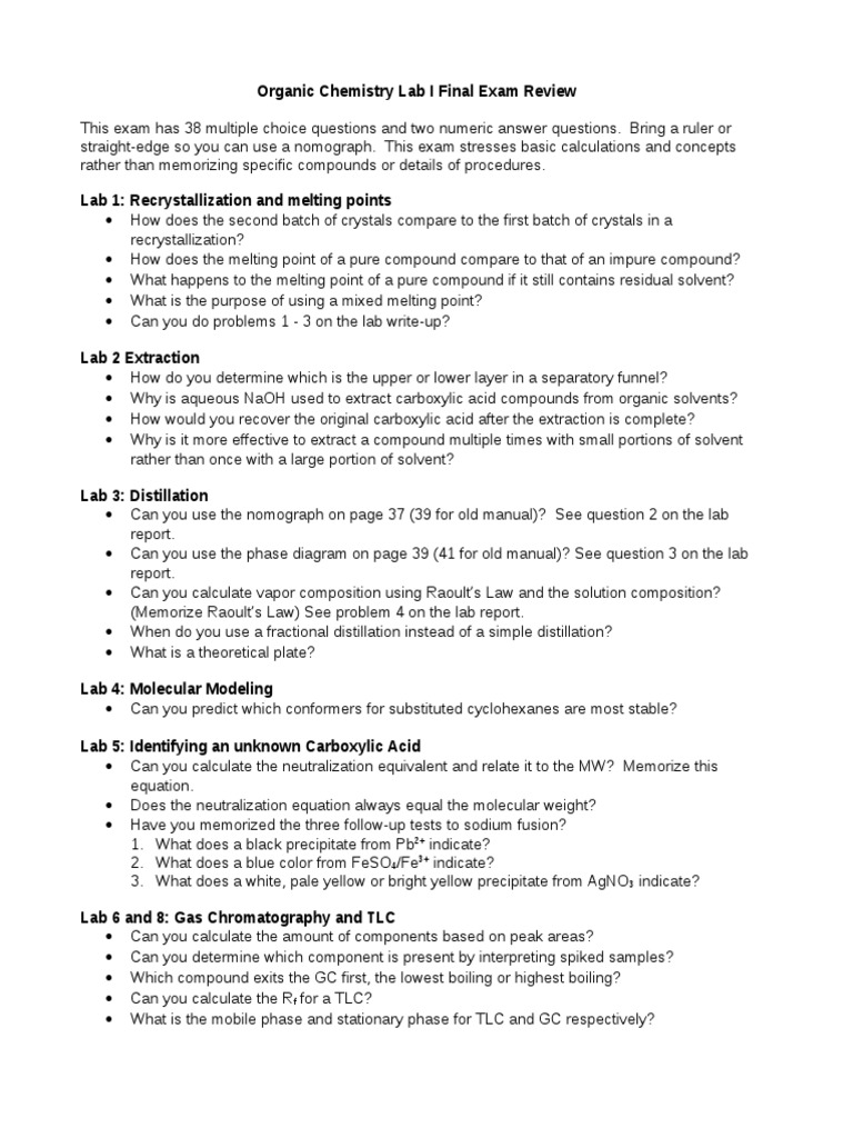 Organic Chemistry Lab I Exam Review | PDF | Distillation | Aldehyde