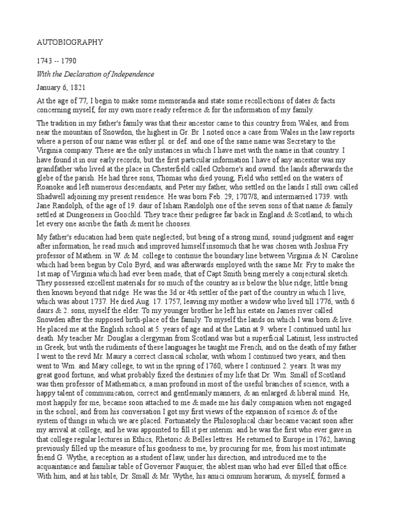 Autobiography T J | PDF | United States Declaration Of Independence ...