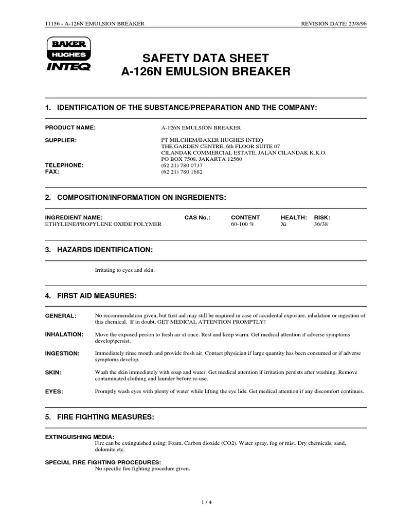 Safety Data Sheet for A-126N Emulsion Breaker | PDF | Firefighting ...