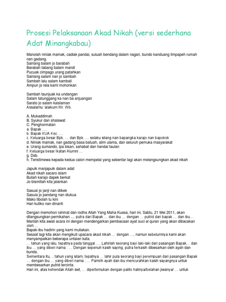Teks MC Prosesi Pelaksanaan Akad Nikah Minangkabau | PDF
