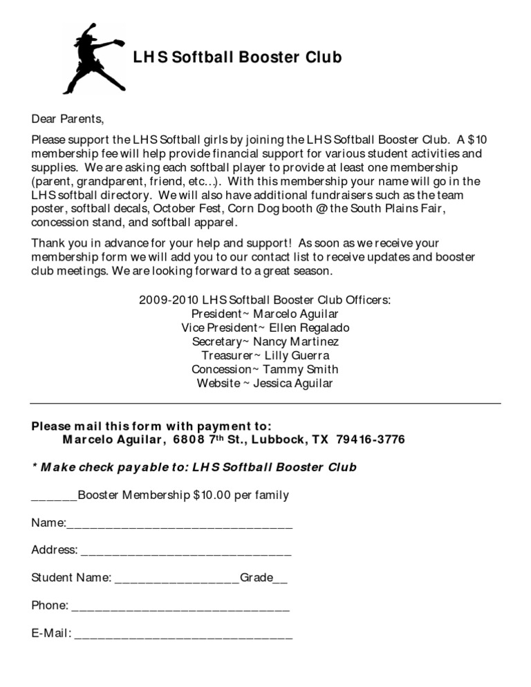 LHS Softball Booster Club Membership Form | PDF | Sports & Recreation