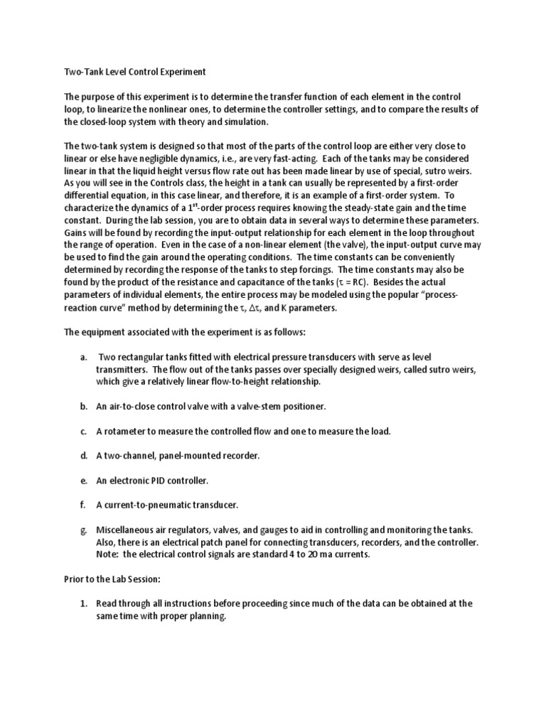 Two-Tank Level Control Experiment Guide | PDF | Control Theory | Fluid ...