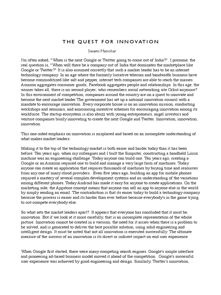 The Quest For Innovation | PDF | Curriculum | Innovation
