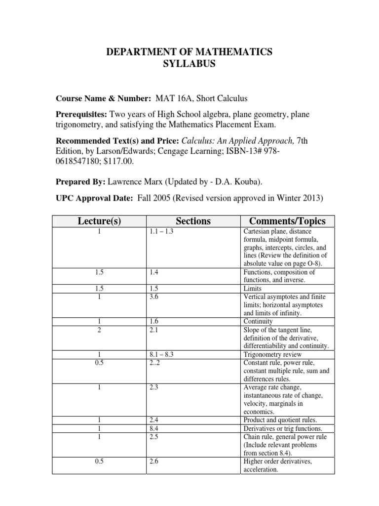 MAT 16A Syllabus (Revised 201301) | PDF | Derivative | Calculus
