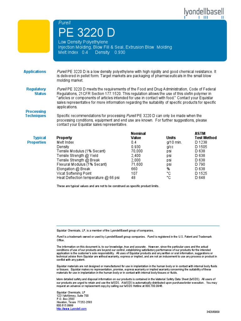 Basell For IV Sol. Ldpe - Pe 3220 D | PDF | Polyethylene | Strength Of ...