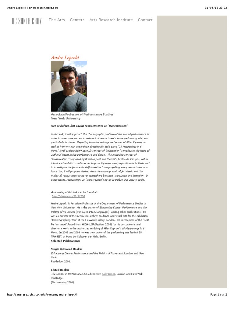 Andre Lepecki - Artsresearch - Ucsc.edu | PDF | Cognition | Semiotics