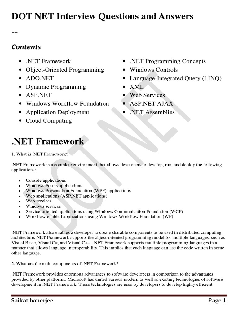 Dot Net Interview Questions And Answers Pdf Class Computer Programming Method Computer