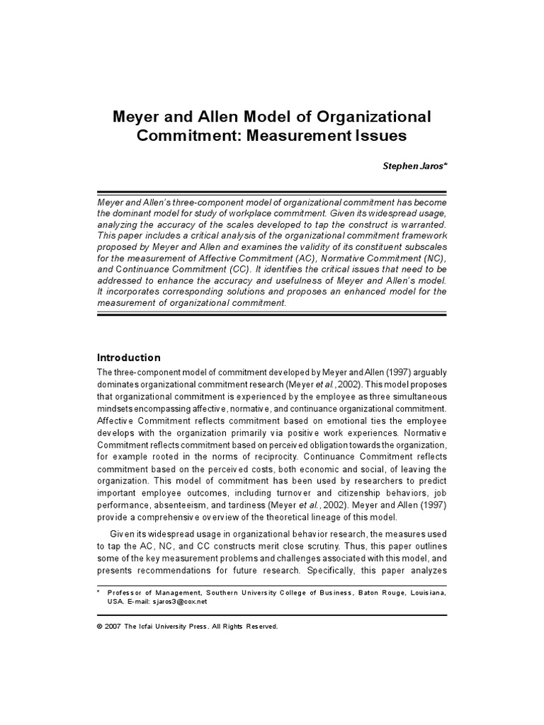 Affective Commitment Scale Meyer and Allen1 | PDF