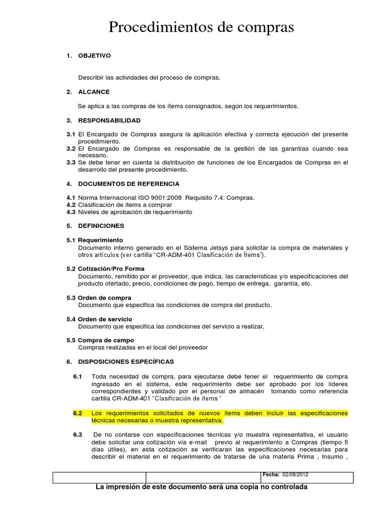 Procedimiento de Compras | PDF | Correo electrónico | Calidad (comercial)
