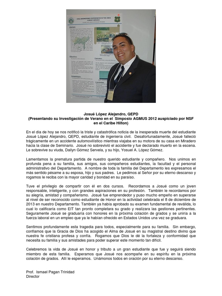 Mensaje de Condolencia Prof. Ismael Pagán Trinidad | PDF