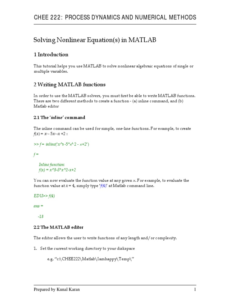 Solving Nonlinear Equations in MATLAB: A Tutorial on Using the fzero, roots, and fsolve ...
