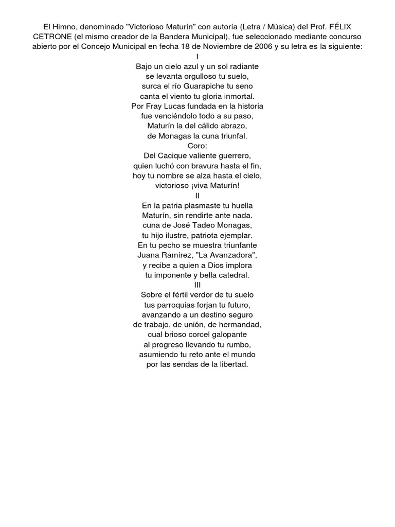 El Himno Del Municipio Maturin Del Edo. Monagas | PDF