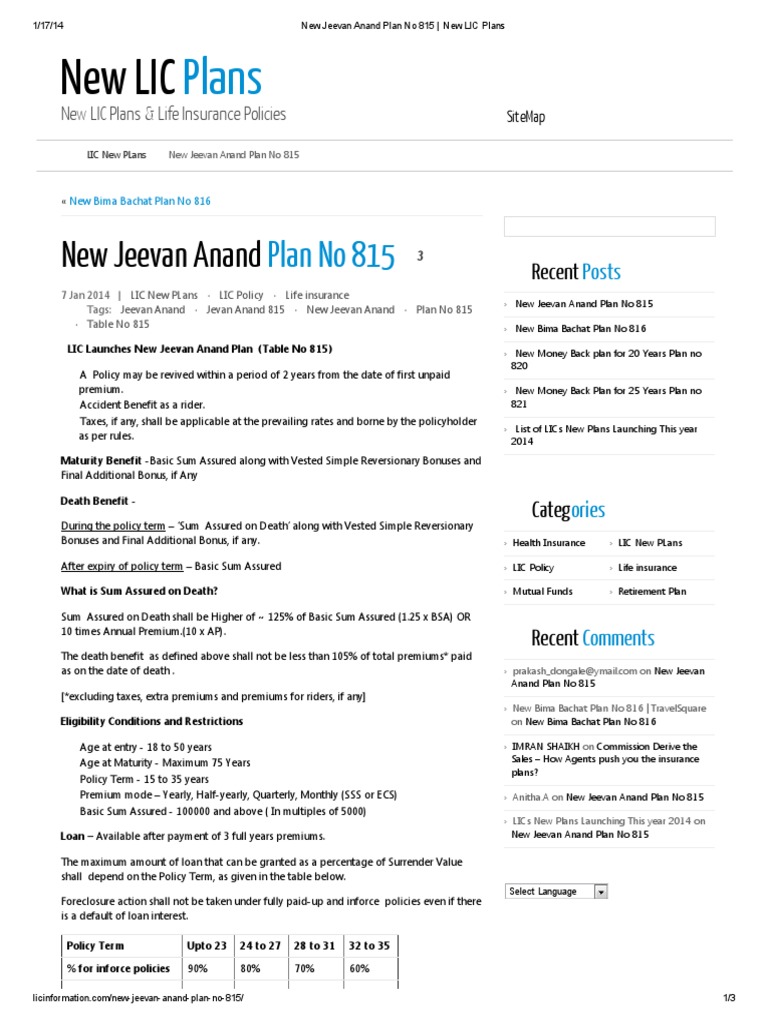 New Jeevan Anand Plan No 815 - New LIC Plans | Download Free PDF | Life ...