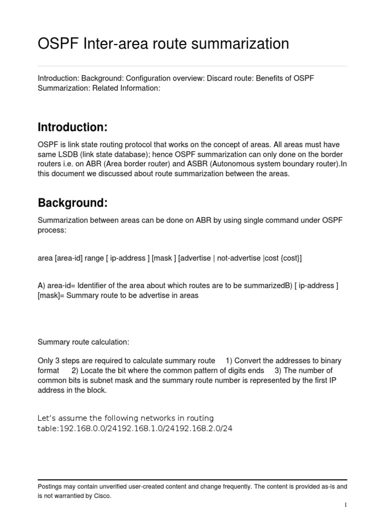OSPF Inter-Area Route Summarization | Download Free PDF | Network Layer ...