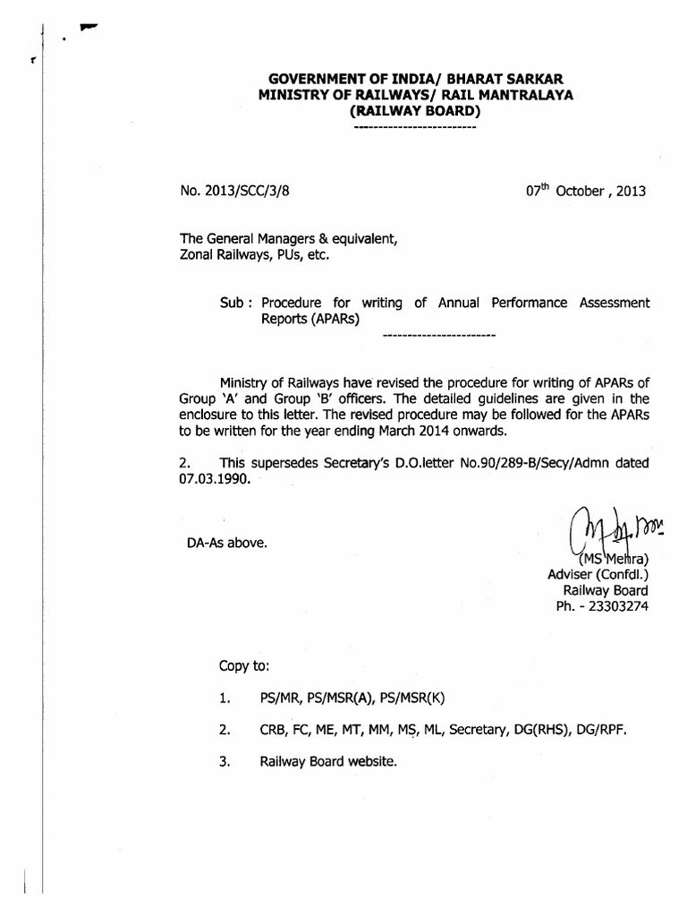 APAR Writing Procedure | PDF | Government Of India | Rail Transport
