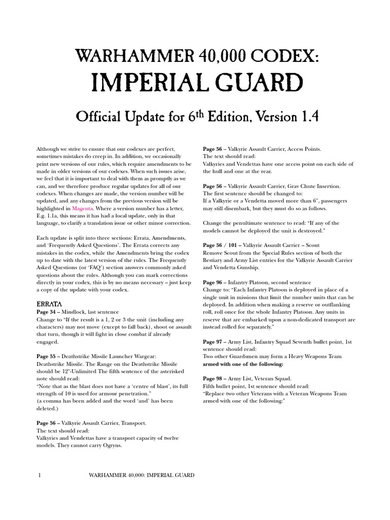 CODEX Imperial Guard Update 1.4 (6th Edition) | PDF | Platoon | Infantry
