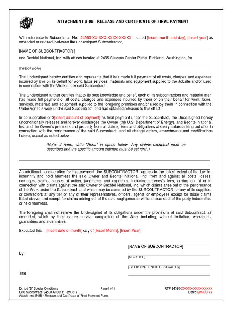 Release and Certificate of Final Payment Checksheet | Indemnity ...