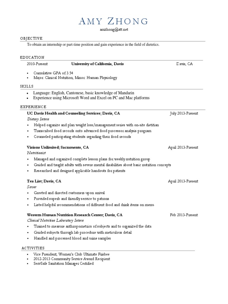 Dietetics Internship Resume of Amy Zhong | PDF