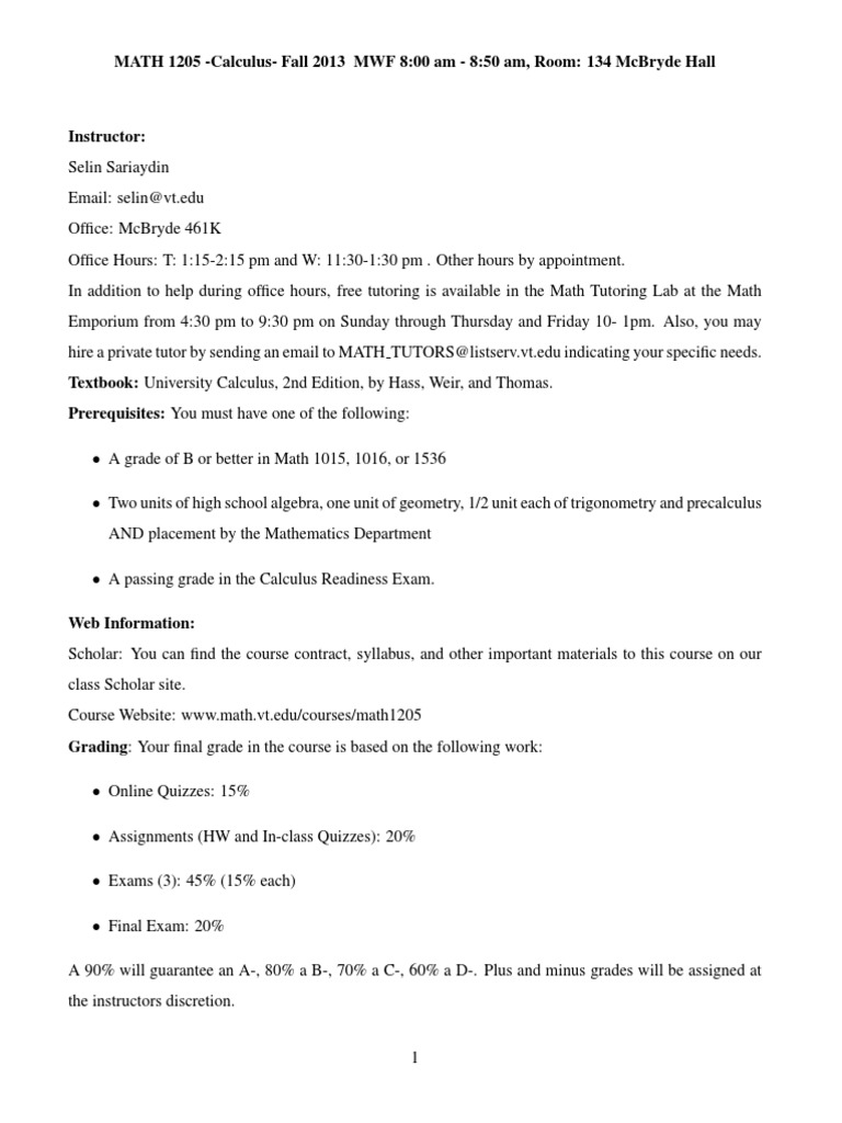 MATH 1205 Syllabus | PDF | Quiz | Homework