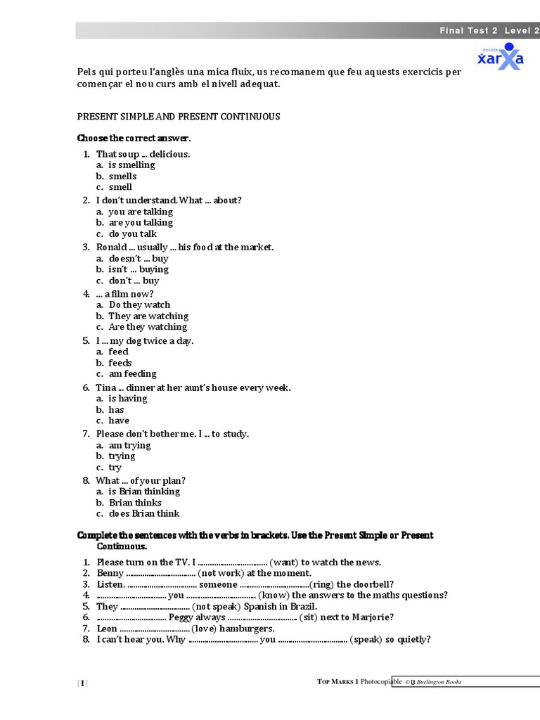Present Simple-Continuous - Exercicis | PDF | Sentence (Linguistics) | Leisure