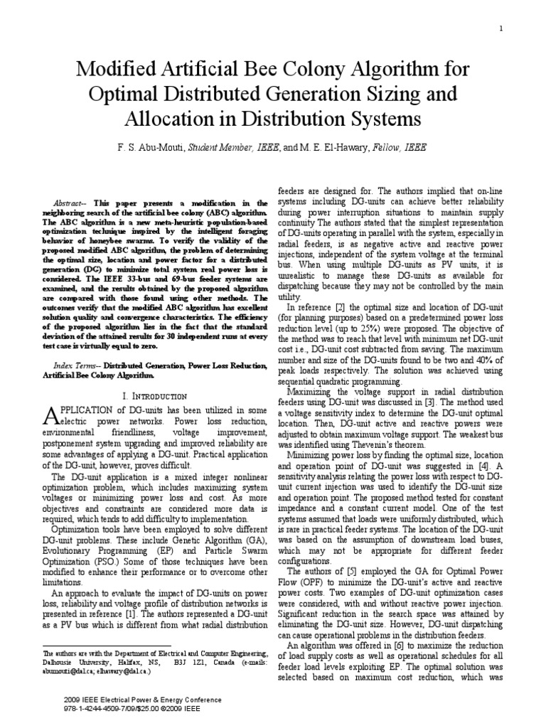 Modified Artificial Bee Colony Algorithm For Optimal Distributed Generation Sizing and ...