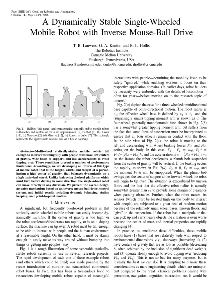 A Dynamically Stable Single-Wheeled Mobile Robot With Inverse Mouse-Ball Drive | PDF | Friction ...