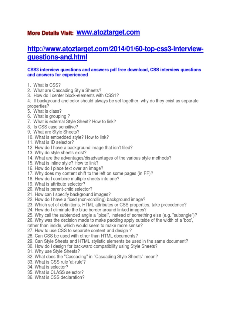 CSS3 Interview Questions and Answers | PDF | Cascading Style Sheets ...