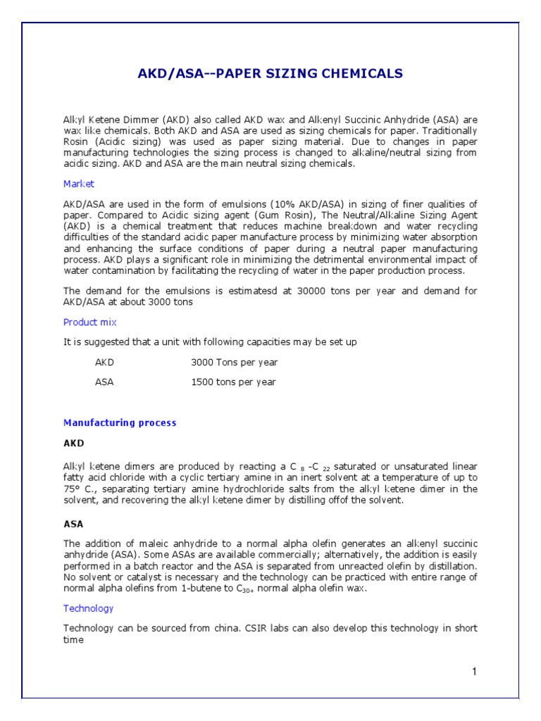 AKD ASA Paper Sizing Chemicals | PDF | Alkene | Paper