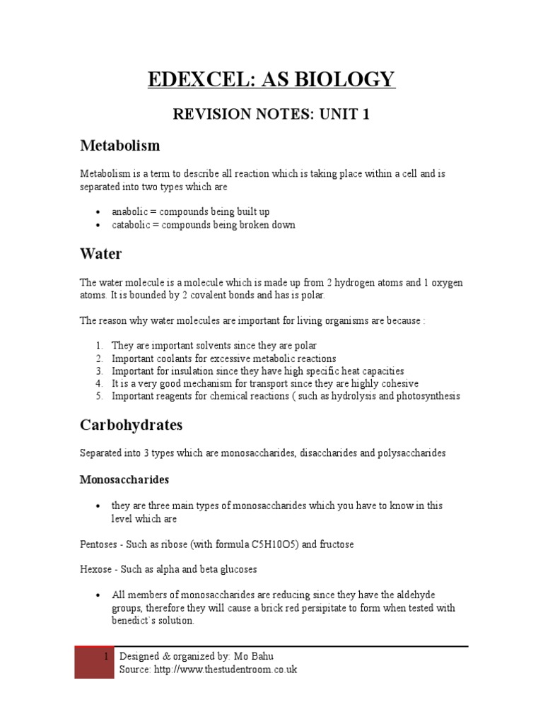 Edexcel AS Biology Unit 1 Notes | PDF | Cell Membrane | Fatty Acid