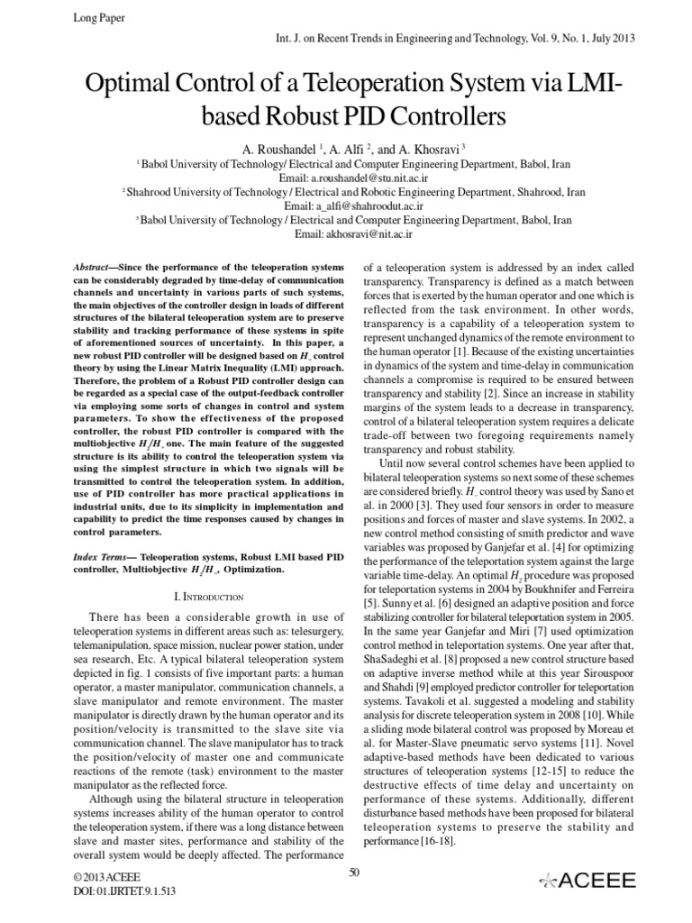 Optimal Control Of A Teleoperation System Via Lmi Based Robust Pid Controllers Pdf Control