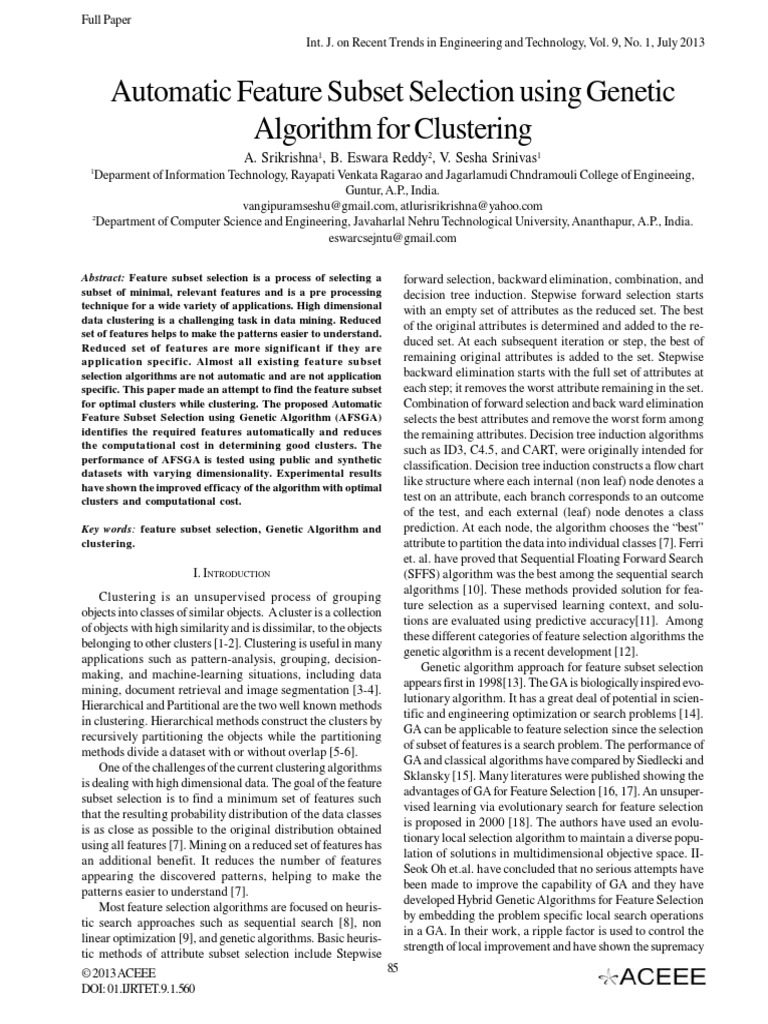 Automatic Feature Subset Selection Using Genetic Algorithm For Clustering Pdf Cluster