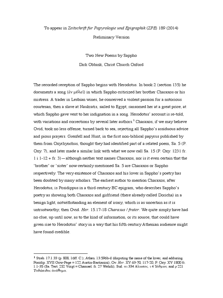 Two New Poems by Sappho Dirk Obbink, Oxford University Preliminary ...