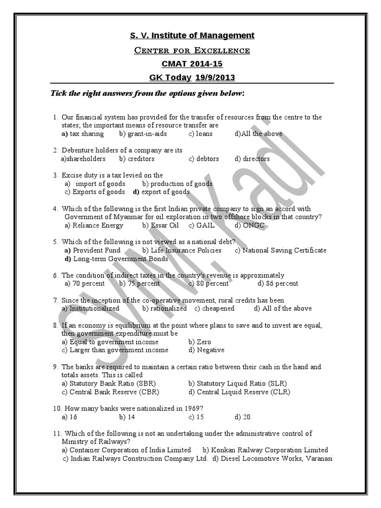 Analysis of a Sample CMAT Exam Document with Multiple Choice Questions on Topics Related to ...