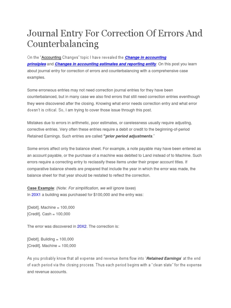 Journal Entry for Correction of Errors and Counterbalancing | Debits ...