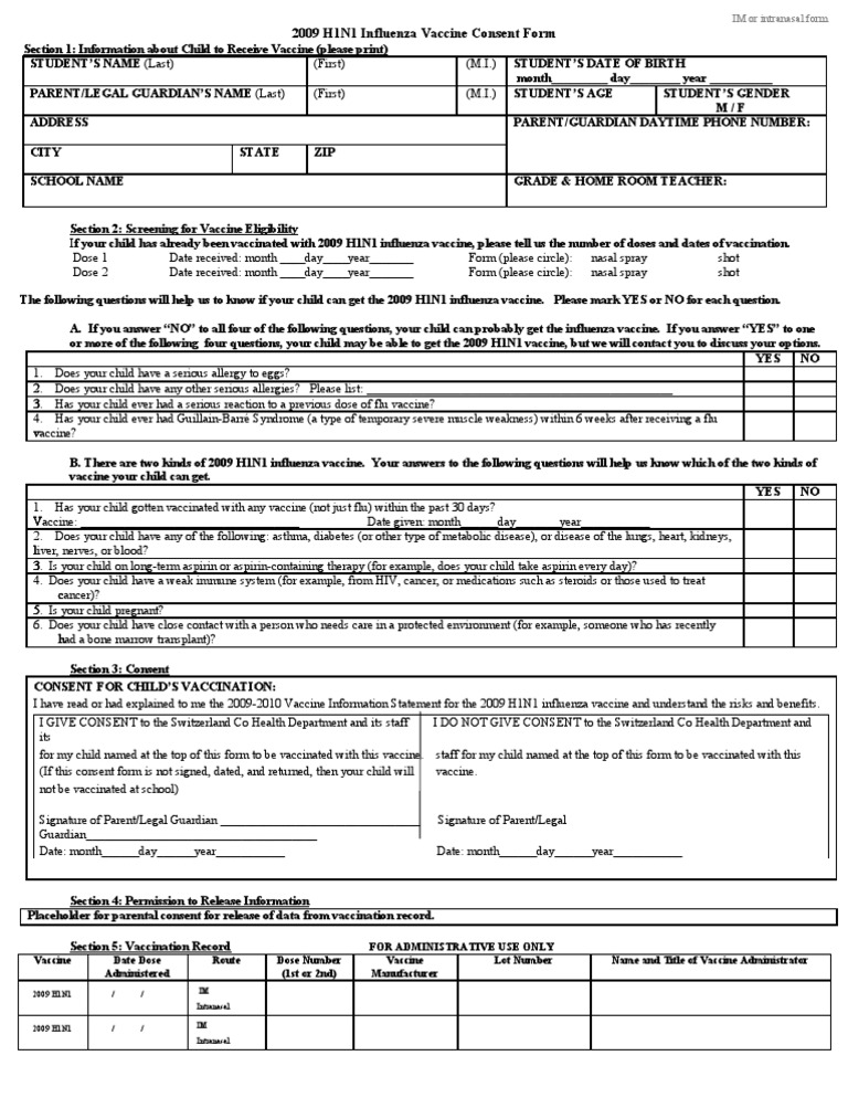 H1N1 Influenza Vaccine Consent Form | Influenza Vaccine | Influenza