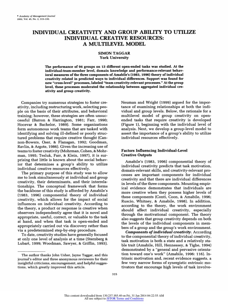 Individual Creativity and Group Ability To Utilize Individual Creative ...