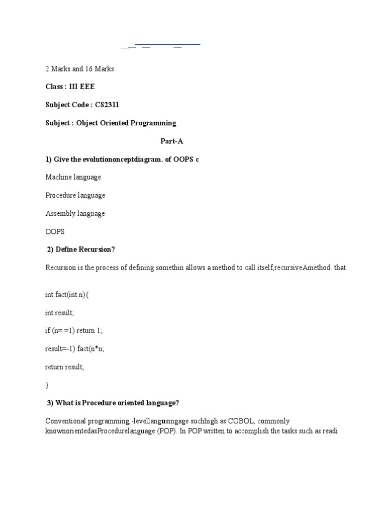 Oops 2 Marks And 16 Marks Pdf Constructor Object Oriented Programming Programming