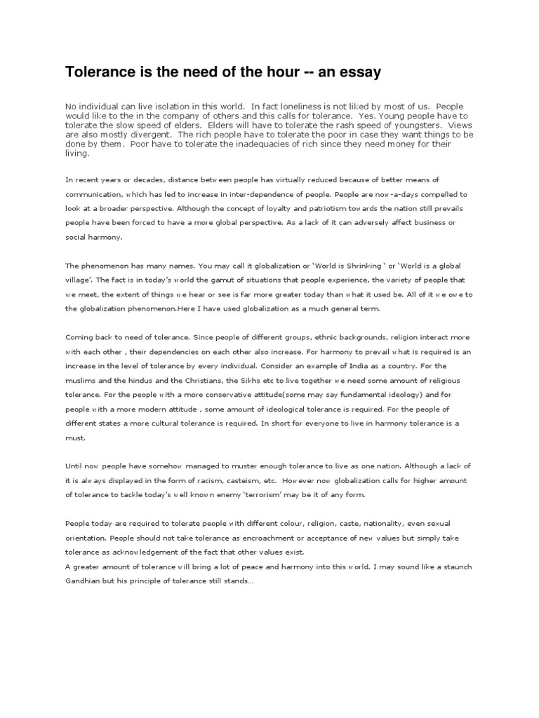 Tolerance Is The Need of The Hour - An Essay | PDF | Toleration ...