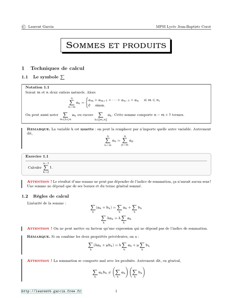 Sommes Produits | PDF | Somme (arithmétique) | Mathématiques discrètes