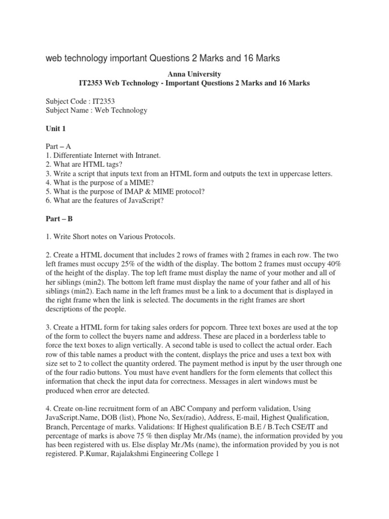 Web Technology Important Questions 2 Marks and 16 Marks | PDF | Java Server Pages | Java Servlet