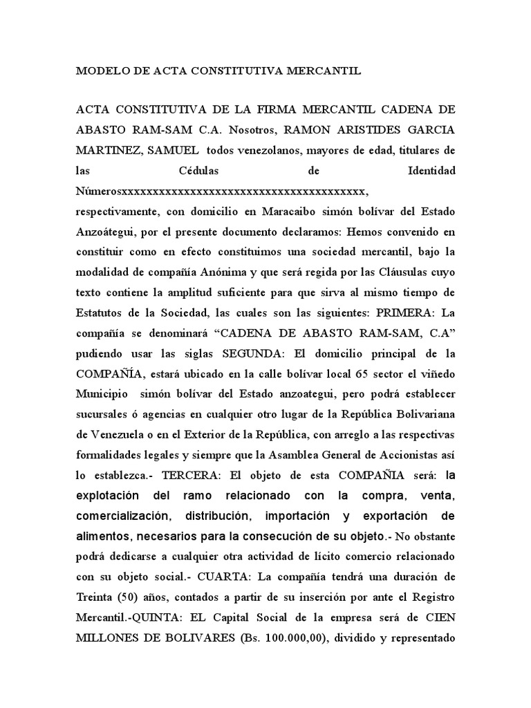 Modelo de Acta Constitutiva Mercantil | PDF | Compartir (Finanzas) | Liquidación
