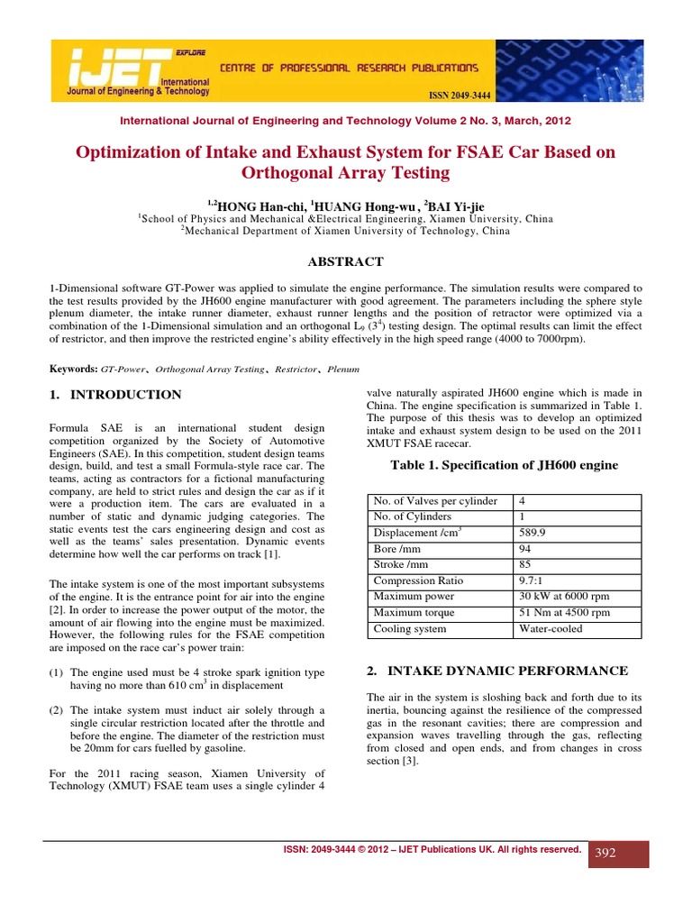 Intake and Exhaust Optimization of Fsae Car Based On Orthogonal Array ...