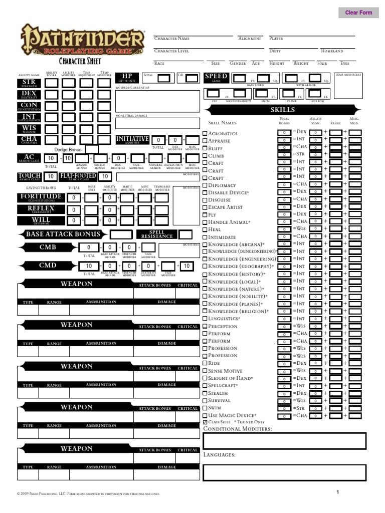 Pathfinder Fillable Character Sheet | PDF | Role Playing Games | Role ...