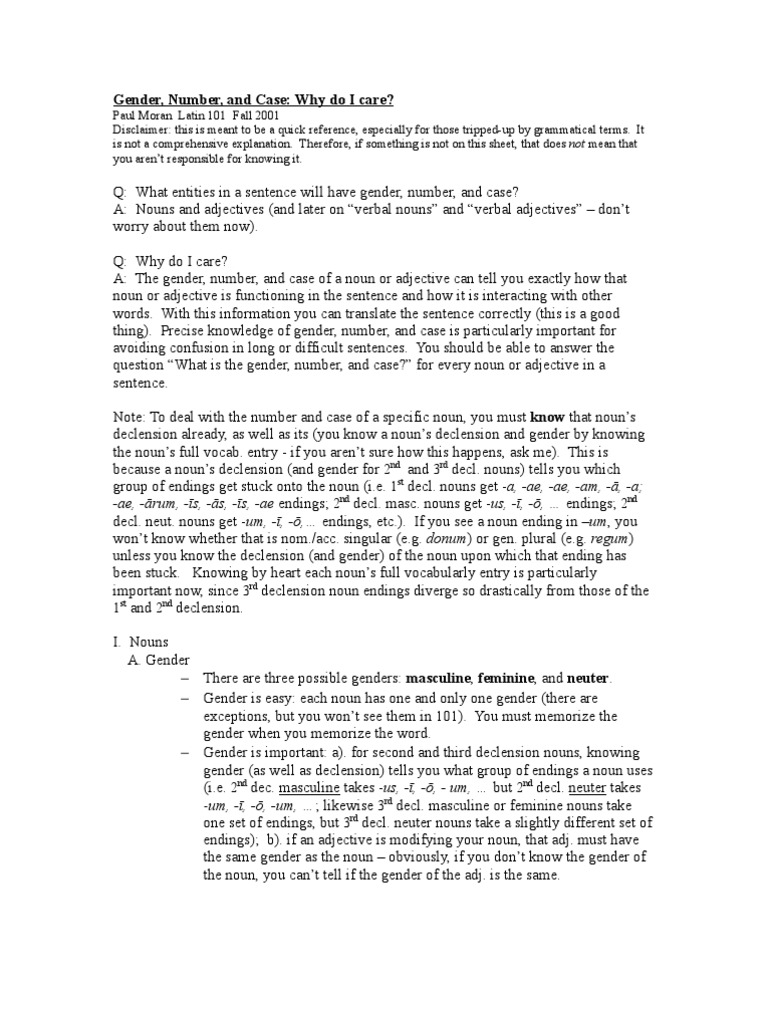 (Beginning Latin Nouns and Adjectives) Gender, Number, and Case: Why Do ...