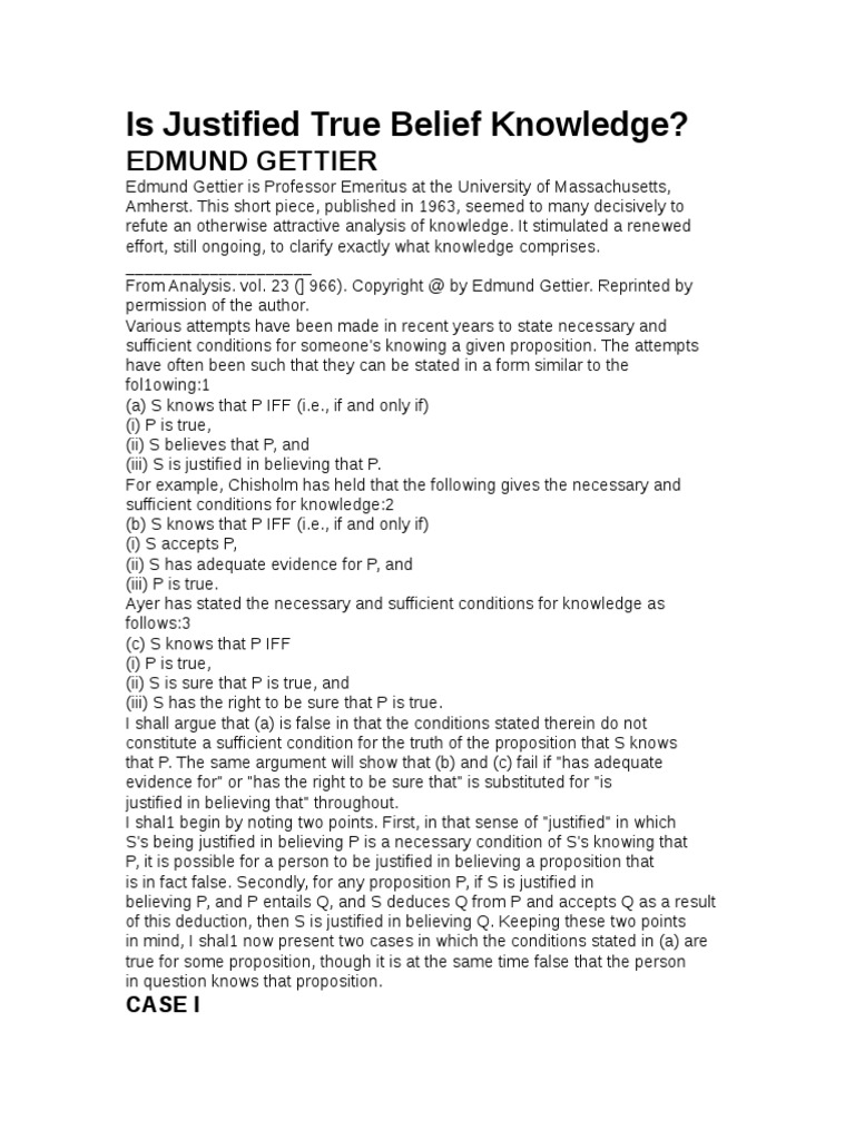 Is Justified True Belief Knowledge?: Edmund Gettier | PDF | Reasoning ...