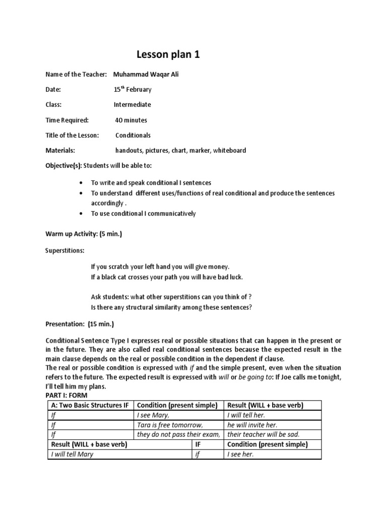 Lesson Plan Conditionals | PDF | Sentence (Linguistics) | Lesson Plan