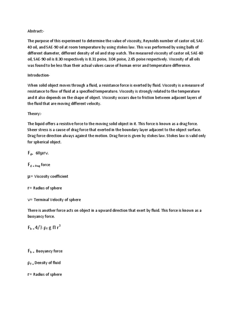 Lab Report | PDF | Viscosity | Drag (Physics)
